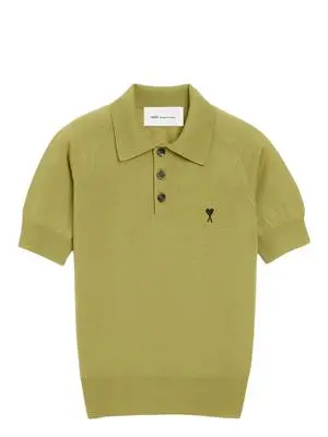 AMI Paris Ami Paris Logo Embroidered Knitted Polo Top Matcha/black