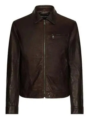 Dolce & Gabbana Crinkled Effect Leather Zip Jacket - Brown