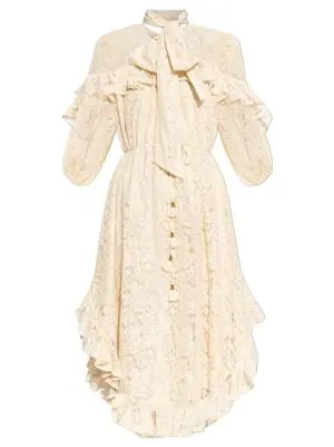 Zimmermann Lace Long Sleeve Dress With Bow Detail - Cream