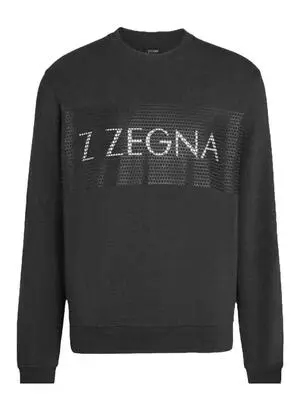 Zegna Long-sleeved Sports Sweater With Patterned Chest And Mesh Logo - Black