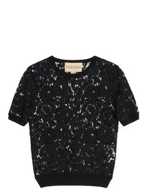 Valentino Garavani Lace Crewneck Short Sleeve Top - Black