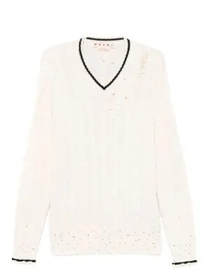 Marni V-neck Knitted Jumper With Ribbed Details - White