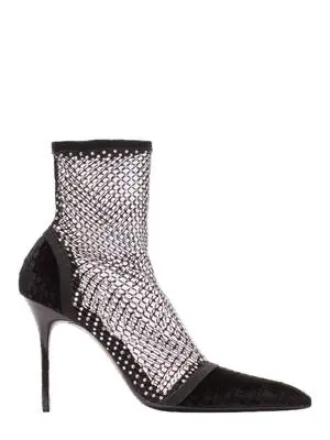 Balmain Mesh Heeled Ankle Boots With Velvet And Rhinestones - Black