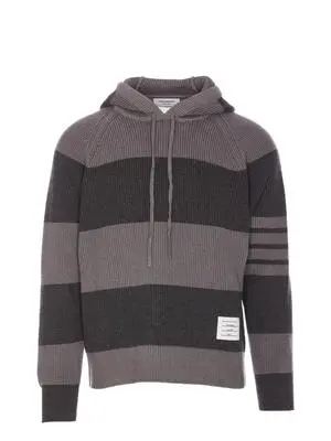 Thom Browne 4-bar Striped Knitted Drawstring Hoodie - Black