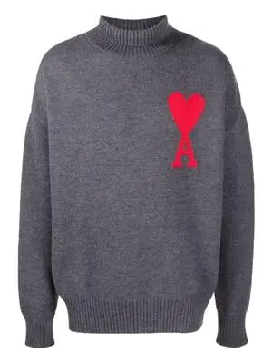 Ami High-neck Knitted Sweater With Applique - Black