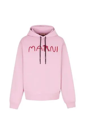 Marni Logo Printed Drawstring Hoodie - Pink