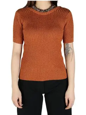 Dries Van Noten Short Sleeve Ribbed Top With Rear Tie - Brown