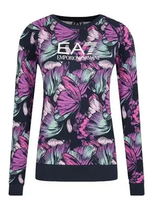 EA7 Multicolor Floral Print Round Neck Sweater - Black