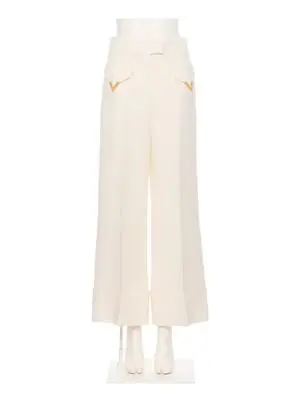 Valentino Garavani Wide Leg Pants With Logo Plaque - Ivory White