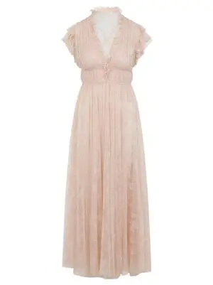 Alberta Ferretti Pleated Lace Evening Gown - Nude