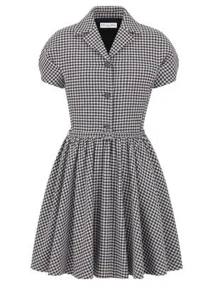 Dior Houndstooth Puff Sleeve Flared Dress - Black White
