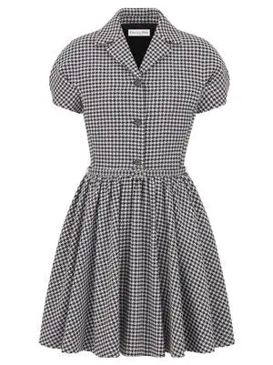 Dior Houndstooth Puff Sleeve Flared Dress - Gray