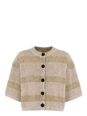 Brunello Cucinelli Cropped Cardigan With Sequined Stripes - Beige