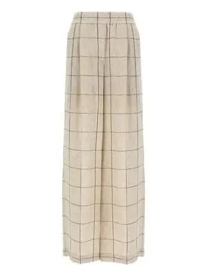 Brunello Cucinelli Wide Leg Plaid Linen Pants - Nude