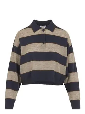 Brunello Cucinelli Striped Cropped Knit Polo Shirt - Black
