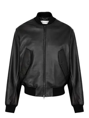 Dries Van Noten Logo Leather Bomber Jacket - Black