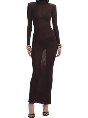 SELF-PORTRAIT Turtleneck Ribbed Maxi Dress With Shoulder Pads - Brown