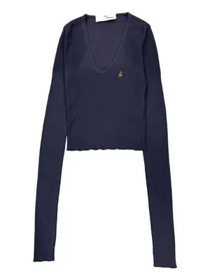 VIVIENNE WESTWOOD Long-sleeved V-neck Sweater With Saturn Logo - Black