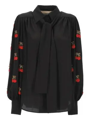 Valentino Garavani Cherry Embellished Button-up Blouse With Lace-up Detail - Black