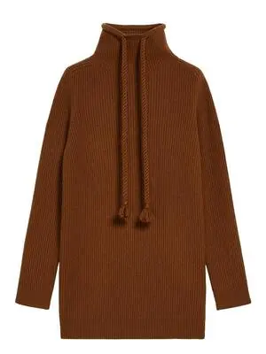 Max Mara High-neck Ribbed Long-sleeve Sweater With Drawstring Detail - Brown