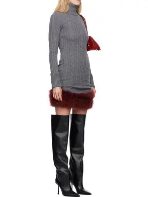Blumarine Knitted High-neck Dress With Fur Trim - Gray