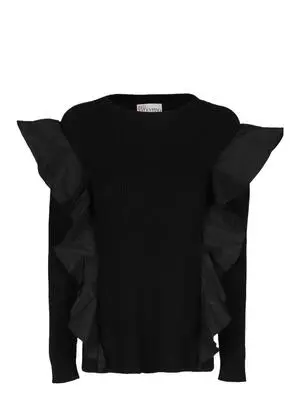 Red Valentino Long Sleeve Round Neck Sweater With Ruffle Detail - Black