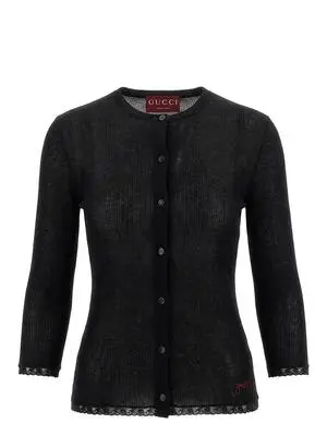 Gucci Ribbed Knit Cardigan With Lace Trim - Black