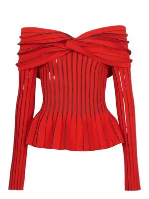 Balmain Knotted Off-the-shoulder Ribbed Top With Back Zipper - Red