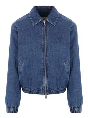 AMI Paris De Coeur Zipped Denim Jacket - Blue