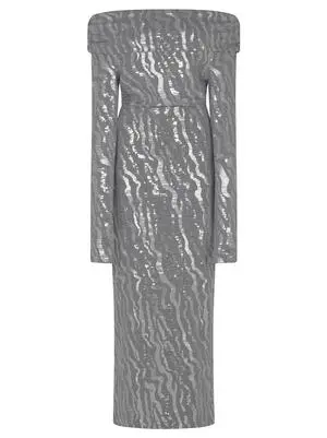 ROTATE BY BIRGER CHRISTENSEN Sequin Midi Dress With Long Sleeves And Back Slits - Gray