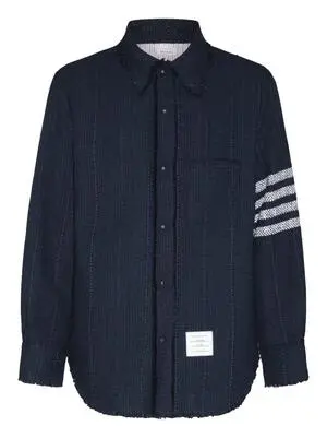 Thom Browne 4-bar Striped Frayed Hem Overshirt - Navy Blue
