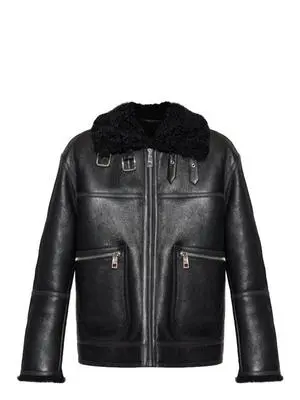Dolce & Gabbana Shearling Collar Leather Biker Jacket - Black