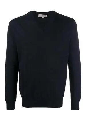 Canali Navy Blue Wool Fine Knit V-neck Jumper - Black