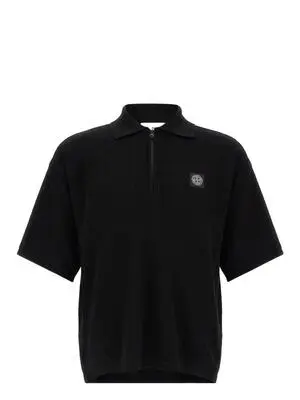 Stone Island Logo Patch Zip-up Polo Shirt - Black