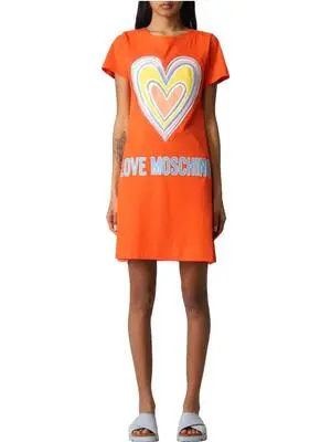 Moschino Printed Heart Short Sleeve Slim Dress - Orange
