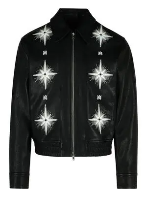 Amiri Long Sleeve Leather Jacket With Embroidered Details - Black