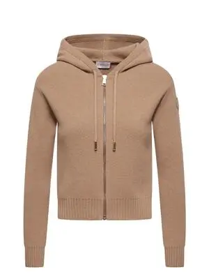 Moncler Cashmere Wool Zip-up Hoodie With Logo Patch - Camel