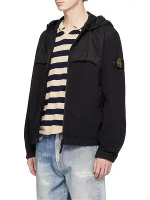 Stone Island Logo Patch Hooded Windbreaker - Black