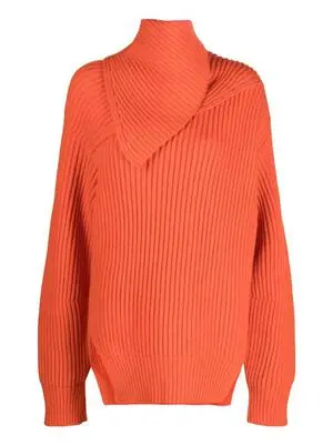 JIL SANDER Foldover Neck Ribbed-knit Jumper - Red