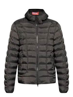 DIESEL® D Logo Patch Quilted Hooded Jacket - Black