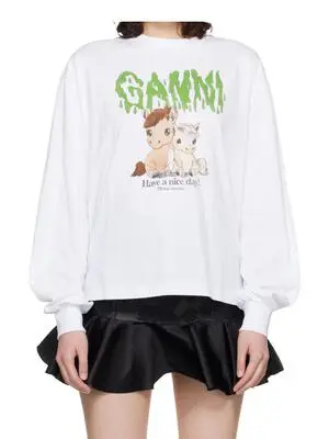 GANNI White Graphic Cotton Long-sleeve Top - Bright White