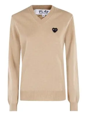 Play Comme Des Garcon V-neck Long-sleeved Sweater With Heart Logo - Nude