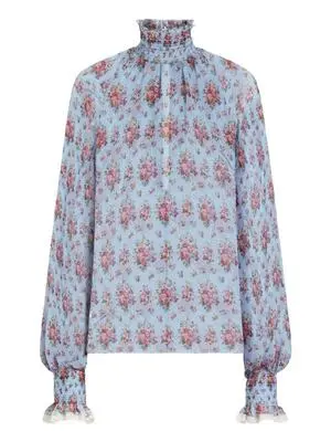 Dolce & Gabbana Floral Print Long Sleeve Blouse With Ruffled Neckline And Cuffs - Blue