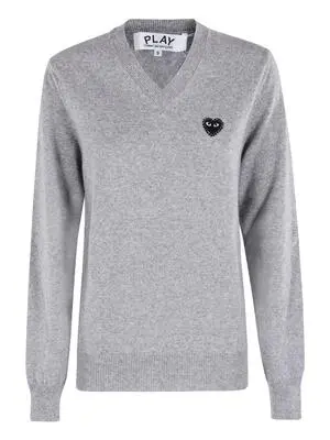 Play Comme Des Garcon V-neck Long-sleeve Sweater With Heart Logo - Gray