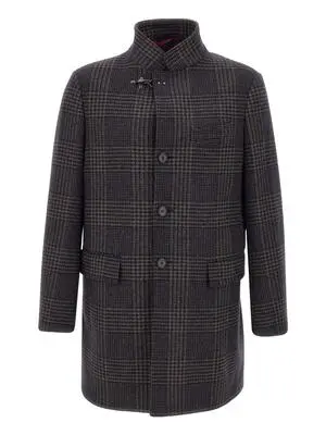 FAY Houndstooth Checked Wool Blend Coat - Black