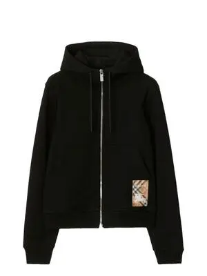 Burberry Check Label Zip-up Drawstring Hoodie - Black