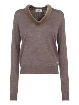 Fendi V-neck Jumper With Mink Collar And Back Tie Detail - Grey