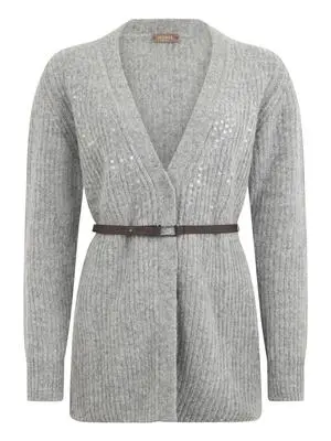 Peserico Embellished V-neck Belted Cardigan - Gray