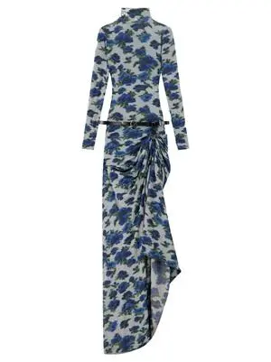 Coperni Long Sleeve Floral Print Asymmetrical Maxi Dress With Slit - Gray