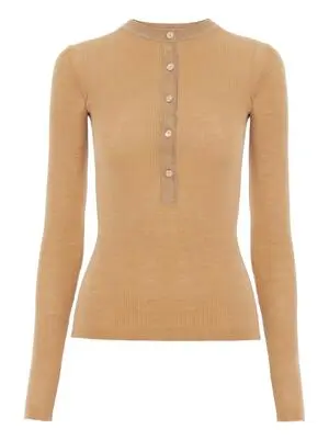 Chloé Ribbed Knit Crewneck Top With Mother-of-pearl Placket - Tan Apricot